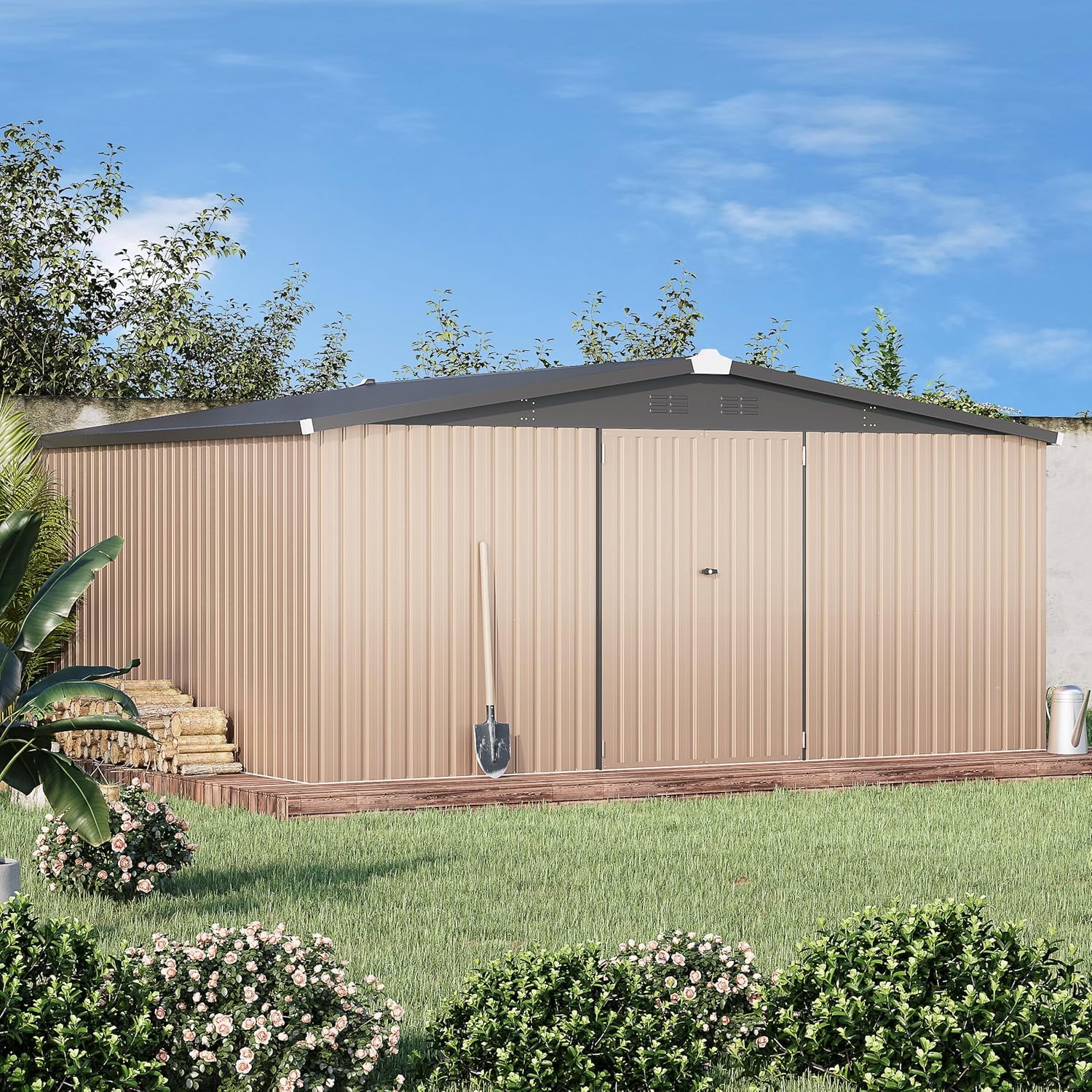 AECOJOY 14' x 12' Outdoor Storage Shed with Lockable Door Patio Metal ...