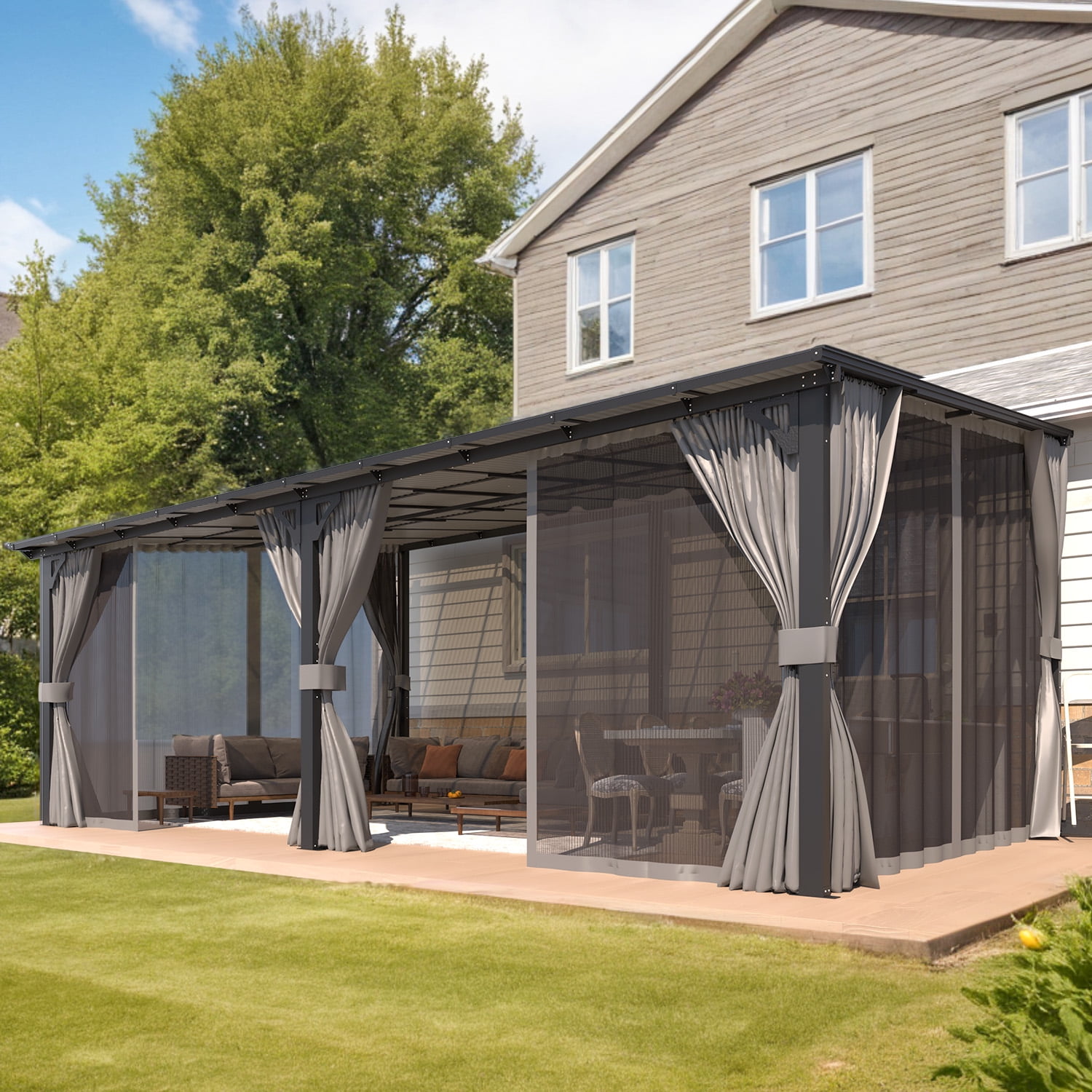 AECOJOY 20' x 12' Lean to Gazebo with Netting and Curtain Outdoor ...