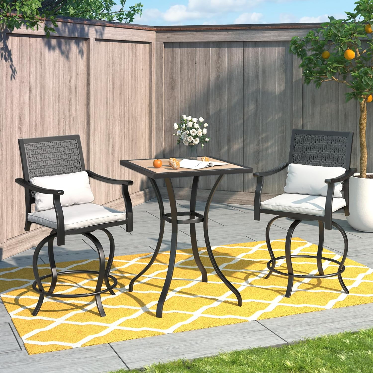 AECOJOY 3-Piece Patio Outdoor Bistro Set with Outdoor Swivel Bar Stools ...