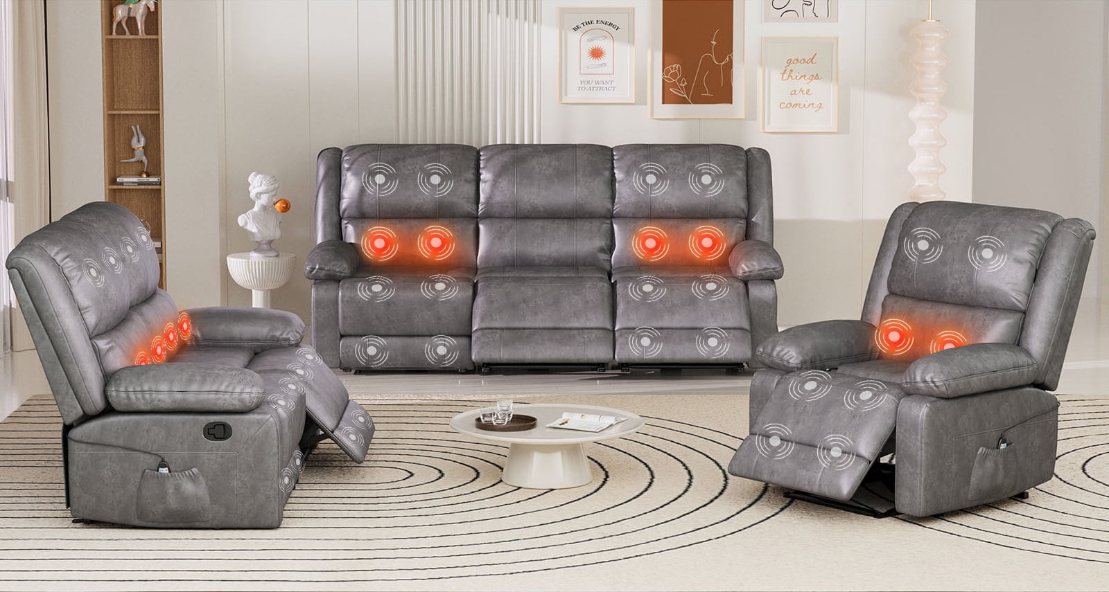 AECOJOY 3 Pieces Recliner Sofa Set with Massage Heated Function, Home ...