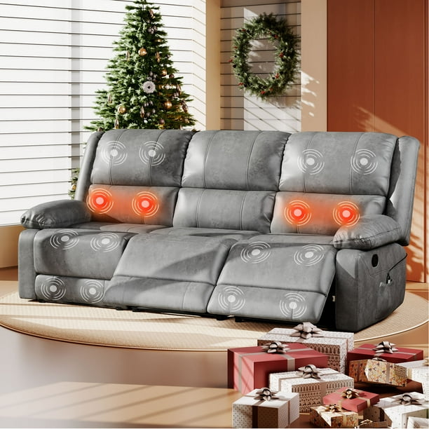 Aecojoy 3 Seat Leather Recliner Sofa with Massage Heated Function Home Theater Seating Chair in Gray