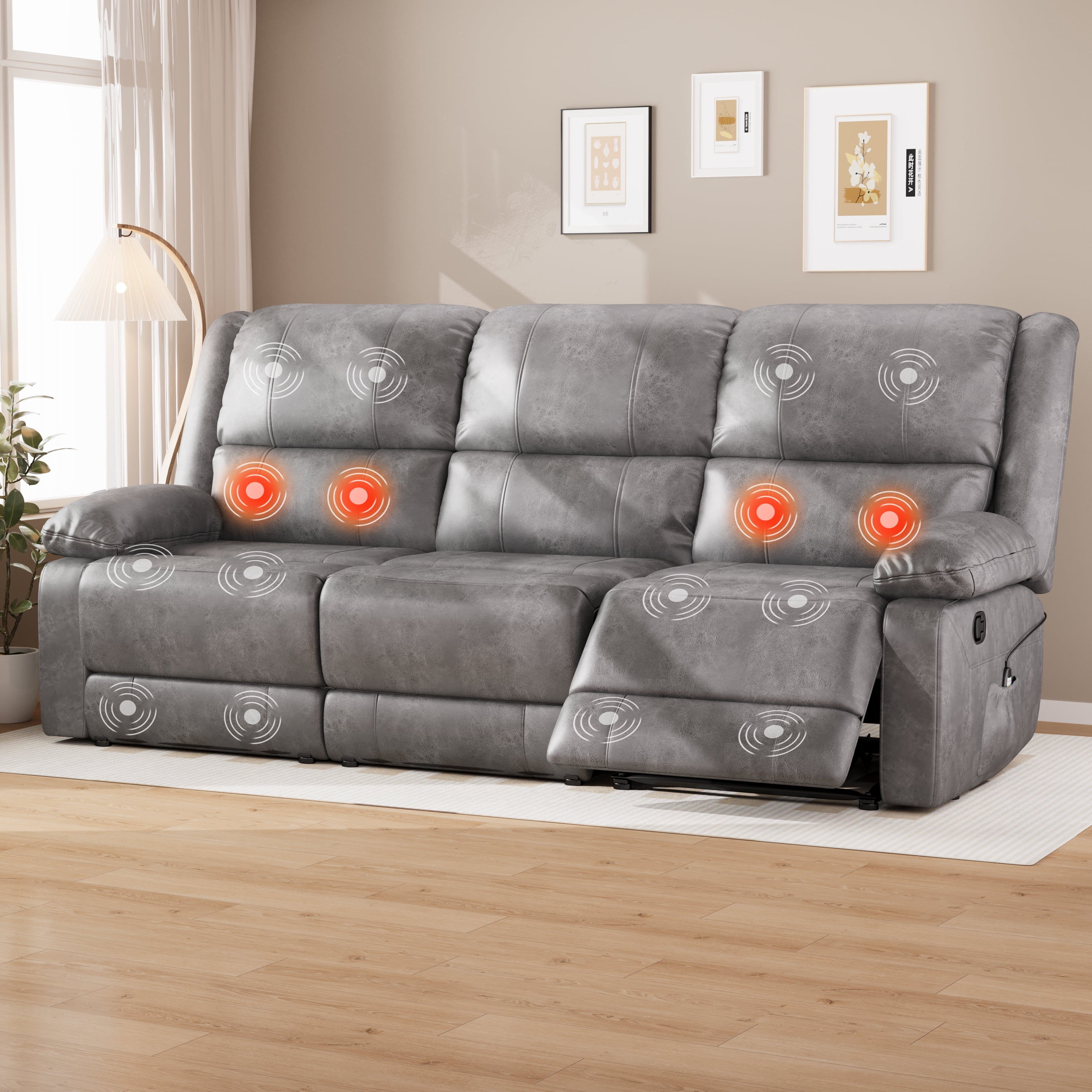 AECOJOY 3 Seat Leather Recliner Sofa with Massage Heated Function, Home ...