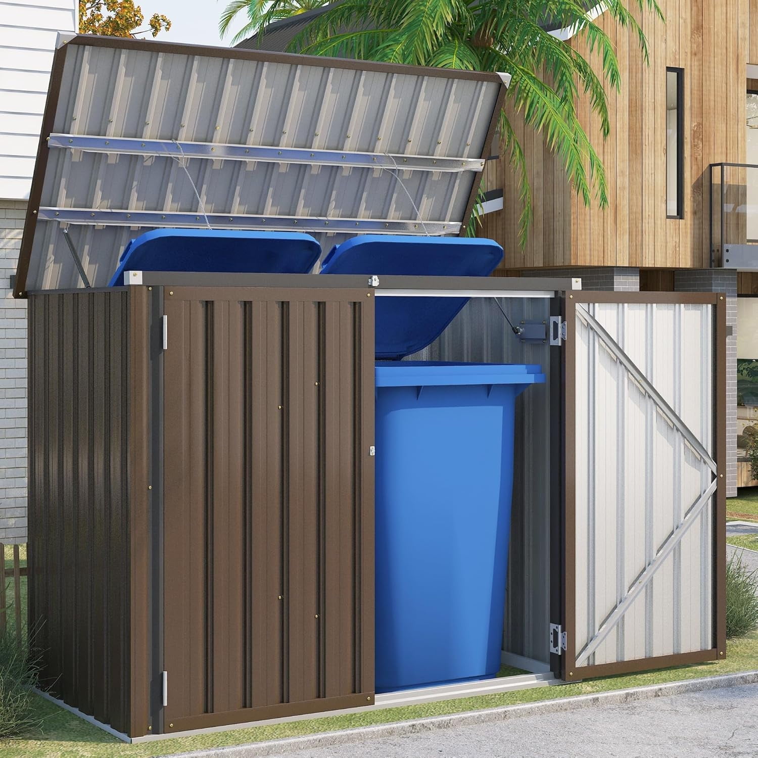 AECOJOY, Outdoor Trash Can Storage Shed, 46 Cu ft, Waterproof Brown ...