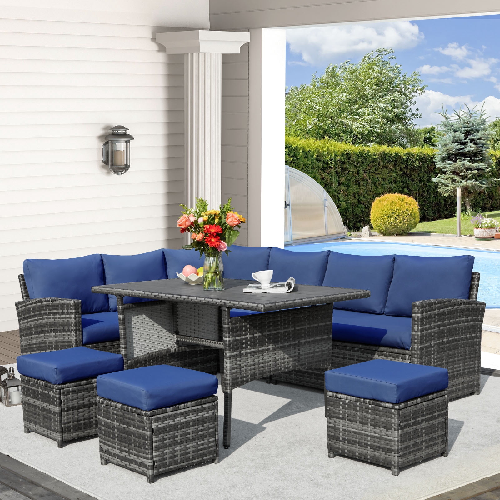 AECOJOY 7-Piece Outdoor Sectional Sofa & Dining Table Set, Rattan ...