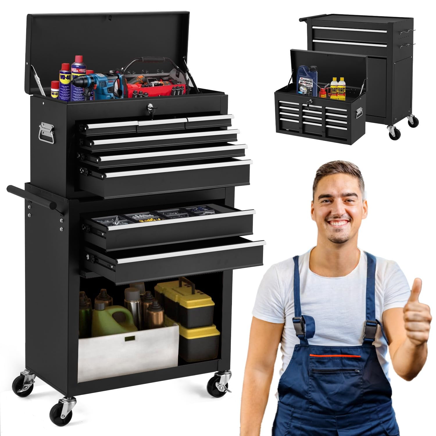 AECOJOY 8-Drawer Rolling Tool Chest, Large Tool Cabinet with Universal ...