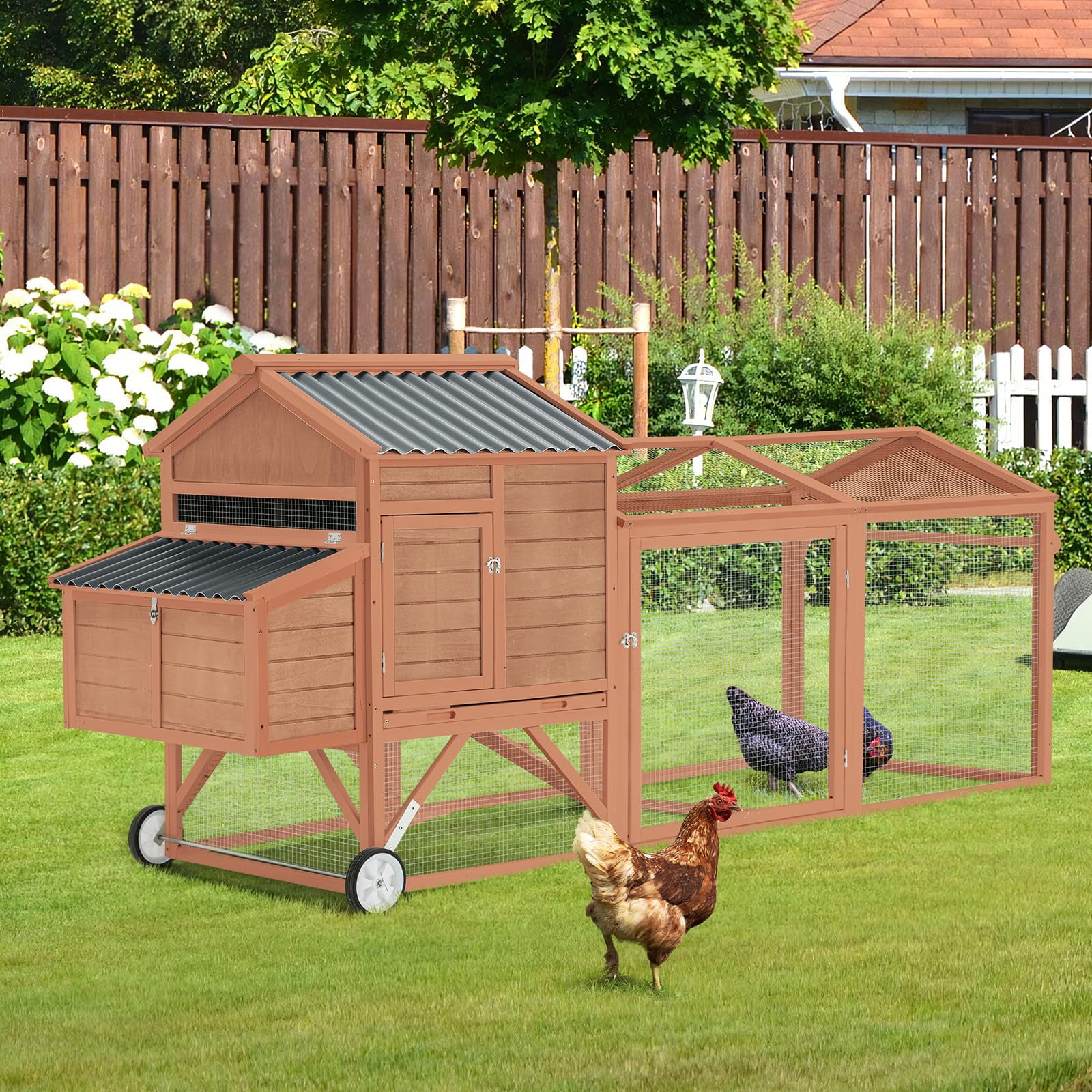 AECOJOY 95" Chicken Coop with Wheels, Poultry Cage Wooden Chicken Hutch ...