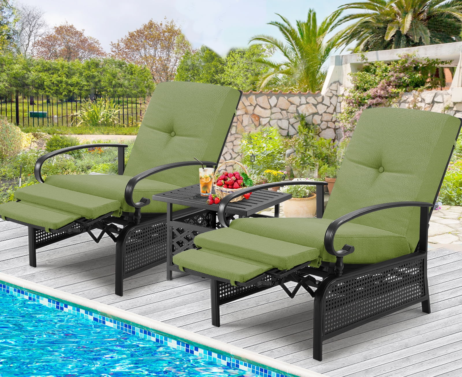 AECOJOY Adjustable Patio Reclining Lounge Chair Set of 2 with Umbrella ...