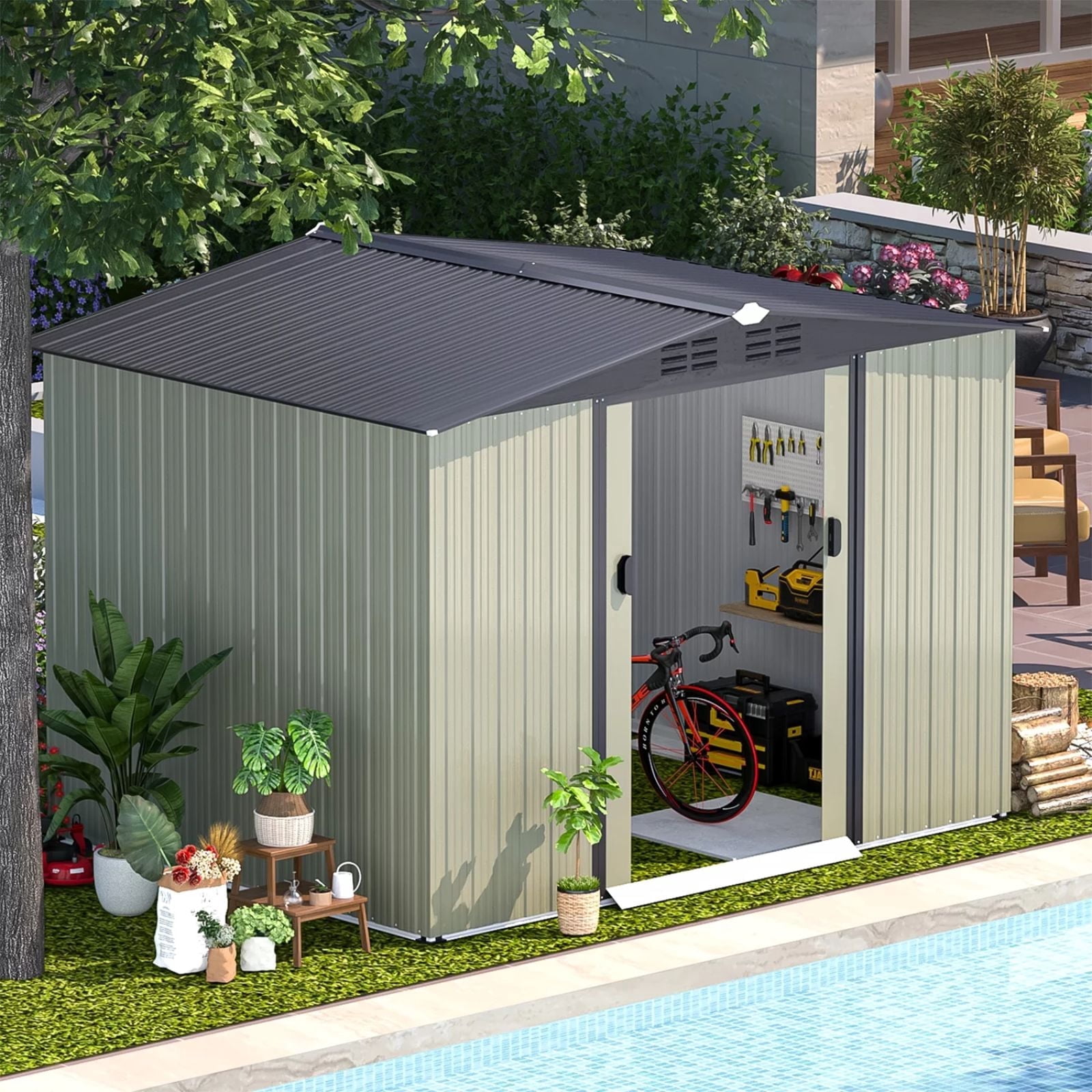 AECOJOY Galvanized Steel Outdoor Storage Shed with Sliding Door, 8 x 6 ...