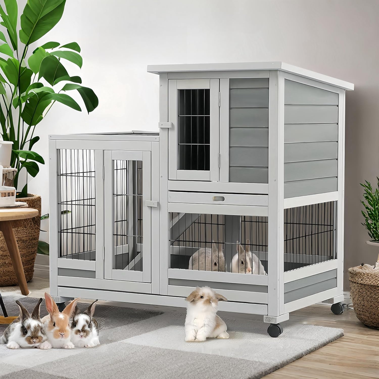 AECOJOY Indoor Rabbit Hutch with 2 Deeper No Leak Trays & 4 Casters, 37 ...