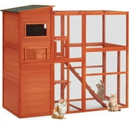 PawHut Extra Large Outdoor Cat House Cage, Wooden Playground Enclosure ...