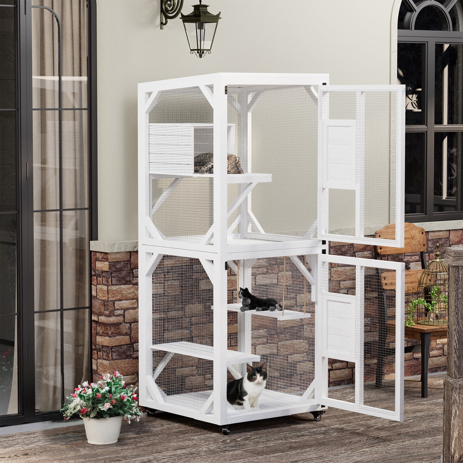 AECOJOY Outdoor Cat House with Wheels Wooden Catio Enclosure with Swing ...