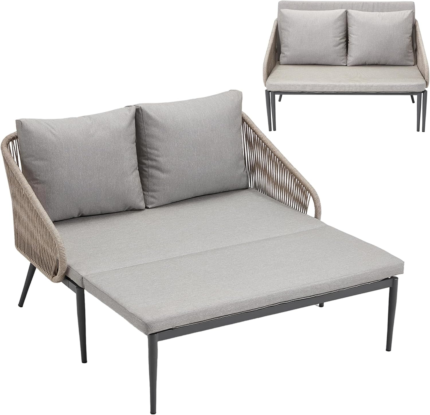 AECOJOY Outdoor Double Chaise Lounge Chair, Convertible Patio Loveseat ...