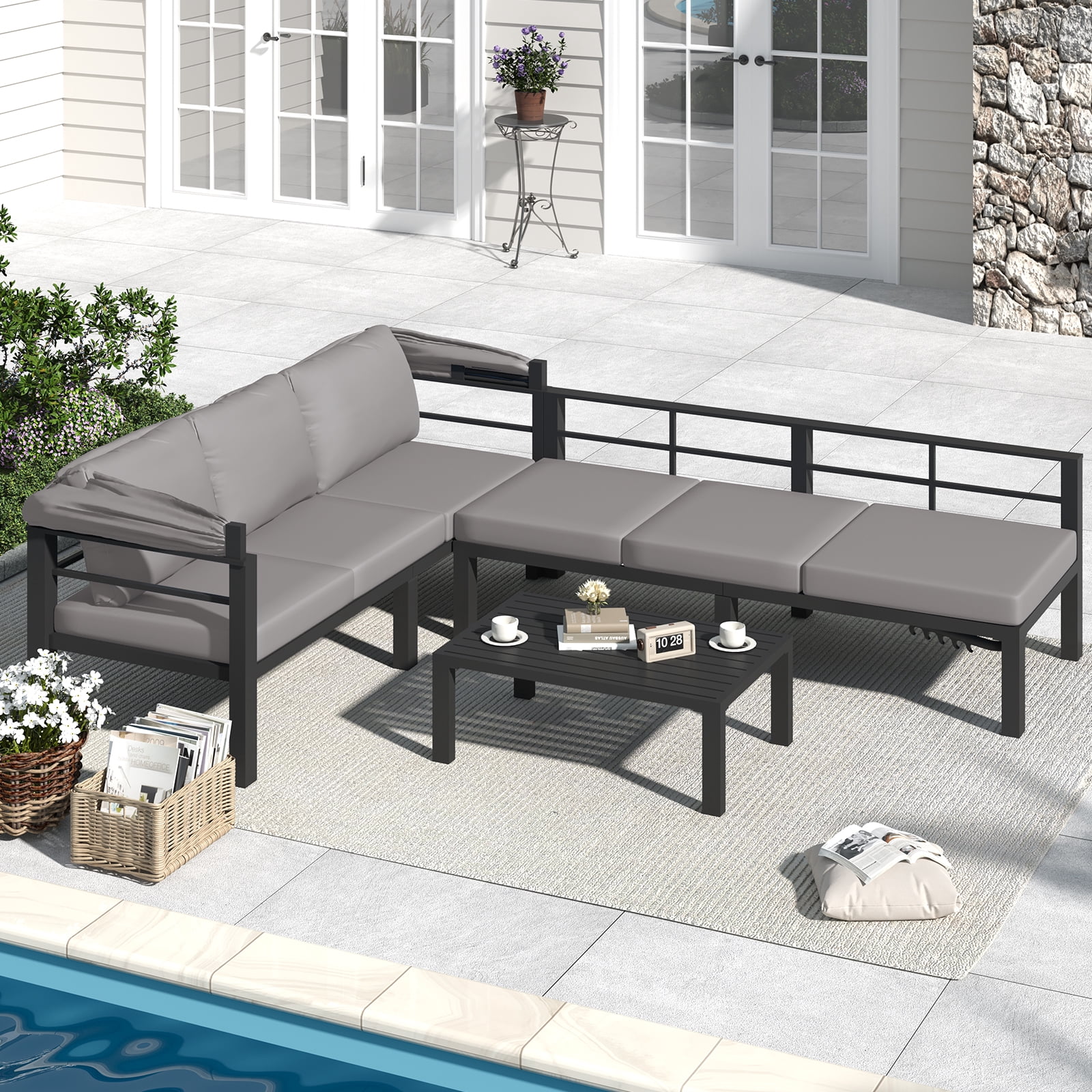 AECOJOY Outdoor Furniture Set with Retractable Canopy, Patio ...