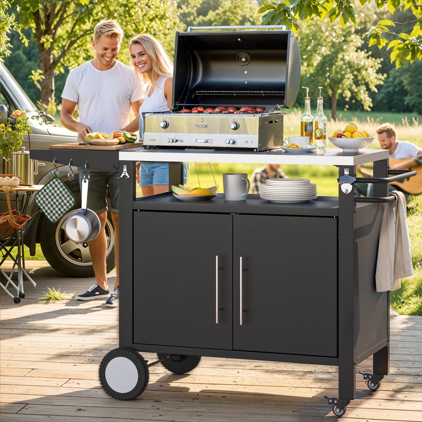 AECOJOY Outdoor Grill Cart with Storage Cabinet Buffet Prep Tables for ...