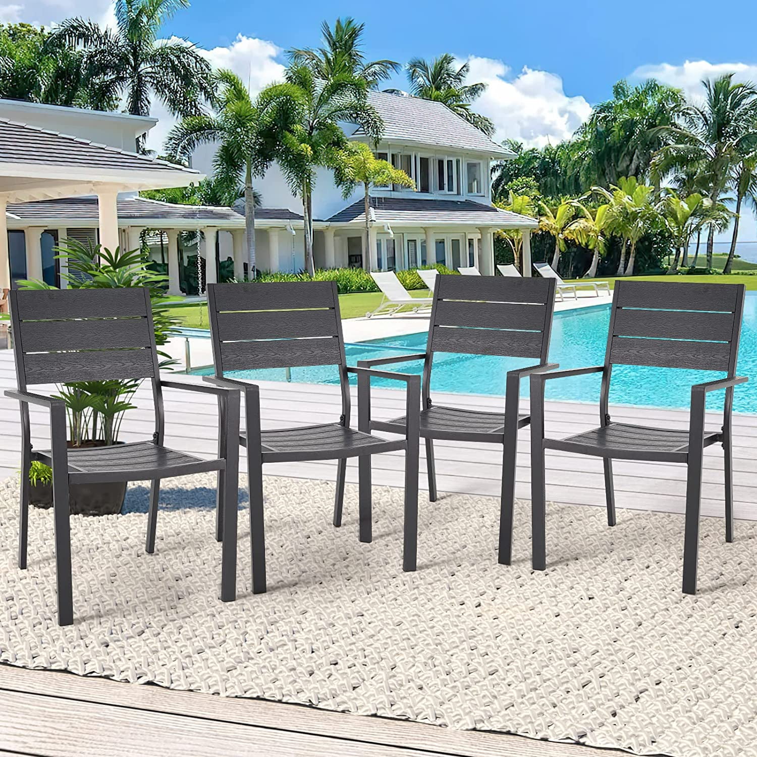 AECOJOY Stackable Outdoor Dining Chairs, 4-Set, Aluminum Frame, Black ...