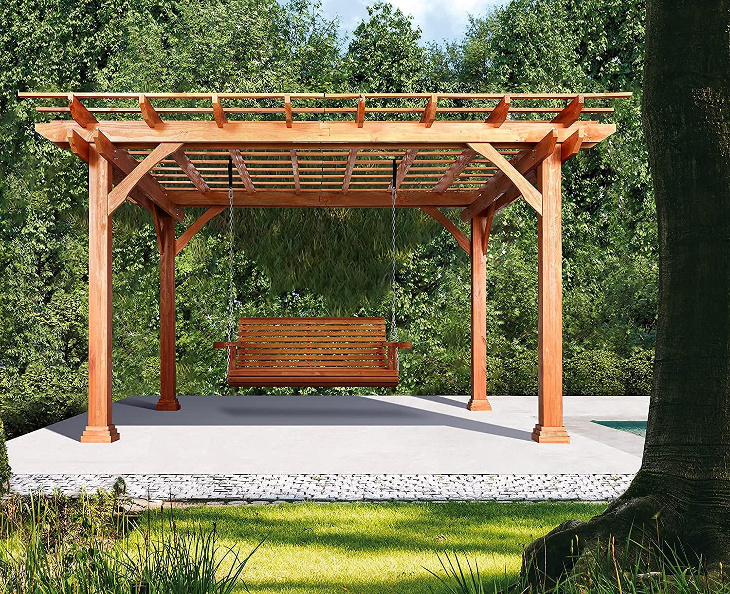 AECOJOY 12’x10’ Wooden Outdoor Pergola with Porch Swing, Frame ...