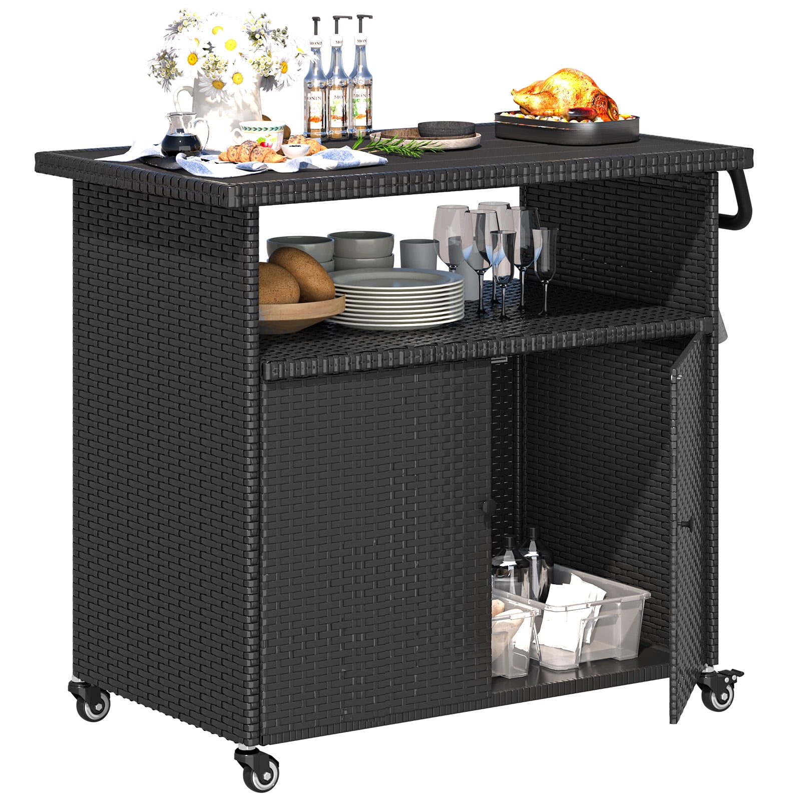 AECOJOY Patio Wicker Bar Tables with Wheels&Shelf Patio Serving Table ...