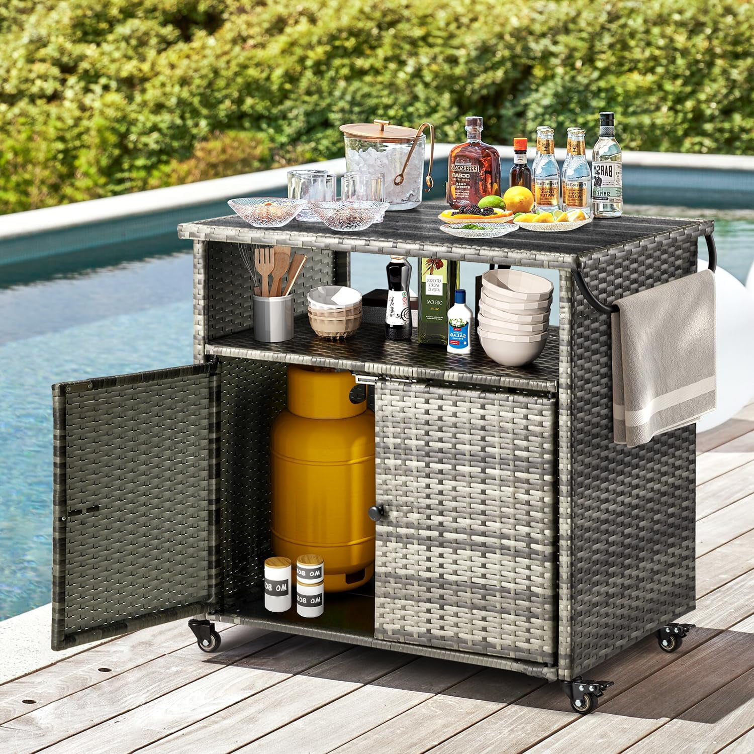 AECOJOY Patio Wicker Bar Cart, Portable Outdoor Storage Cabinet with ...