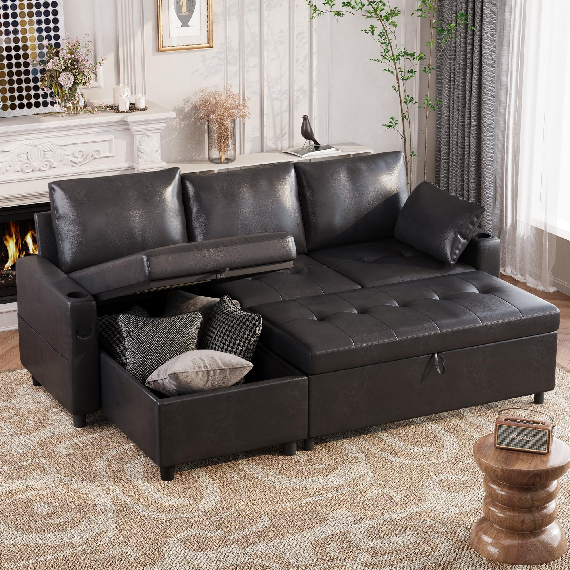 AECOJOY Sofa Bed, 3 in 1 Sleeper Sofa with Storage Chair, Faux Leather ...