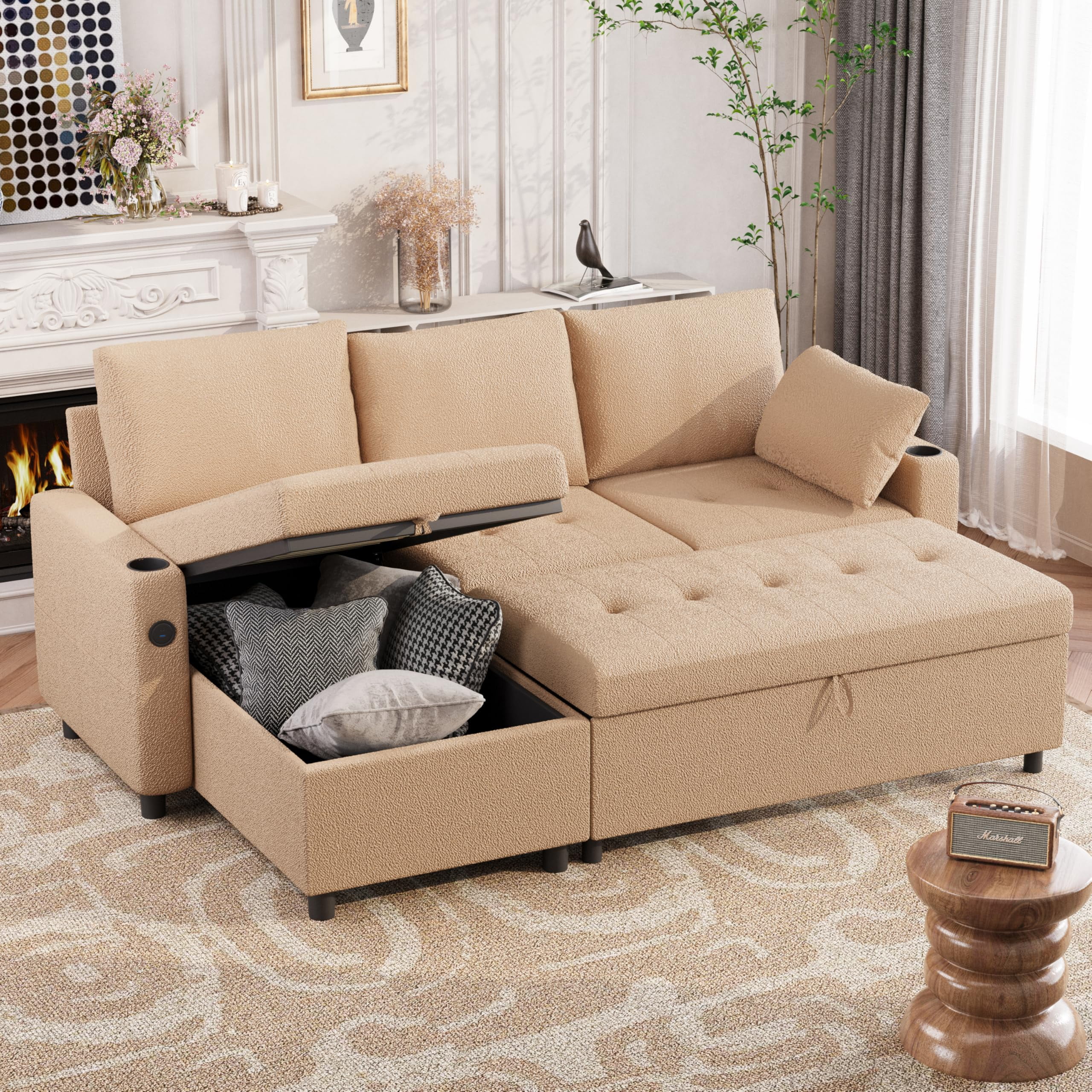 AECOJOY Teddy Velvet L Shaped Sofa L Shape Couch Pull Out Bed with USB and Cup Holder Storage Sofa Cama Queen Sofa Bed Sleeper Sofa Couch for