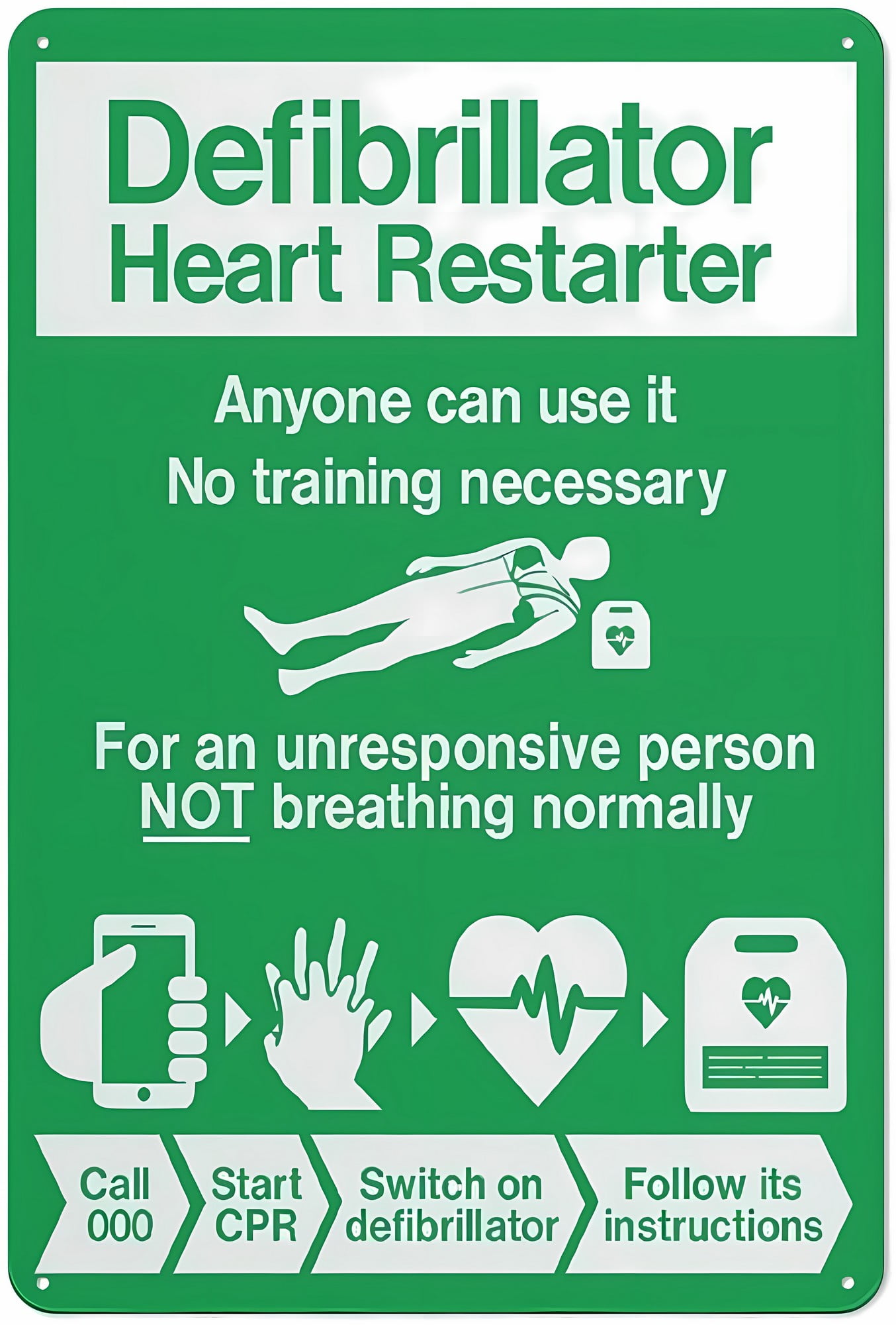 AED Defibrillator Instruction Sign 8"x12" Reflective Aluminum Metal ...