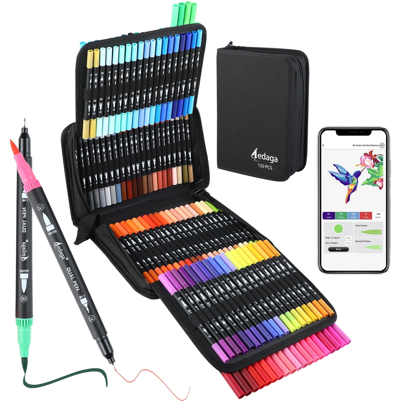 AEDAGA 120 Color Dual Tip Brush Pens, Fine 0.4mm and Brush 1-5mm Tips ...