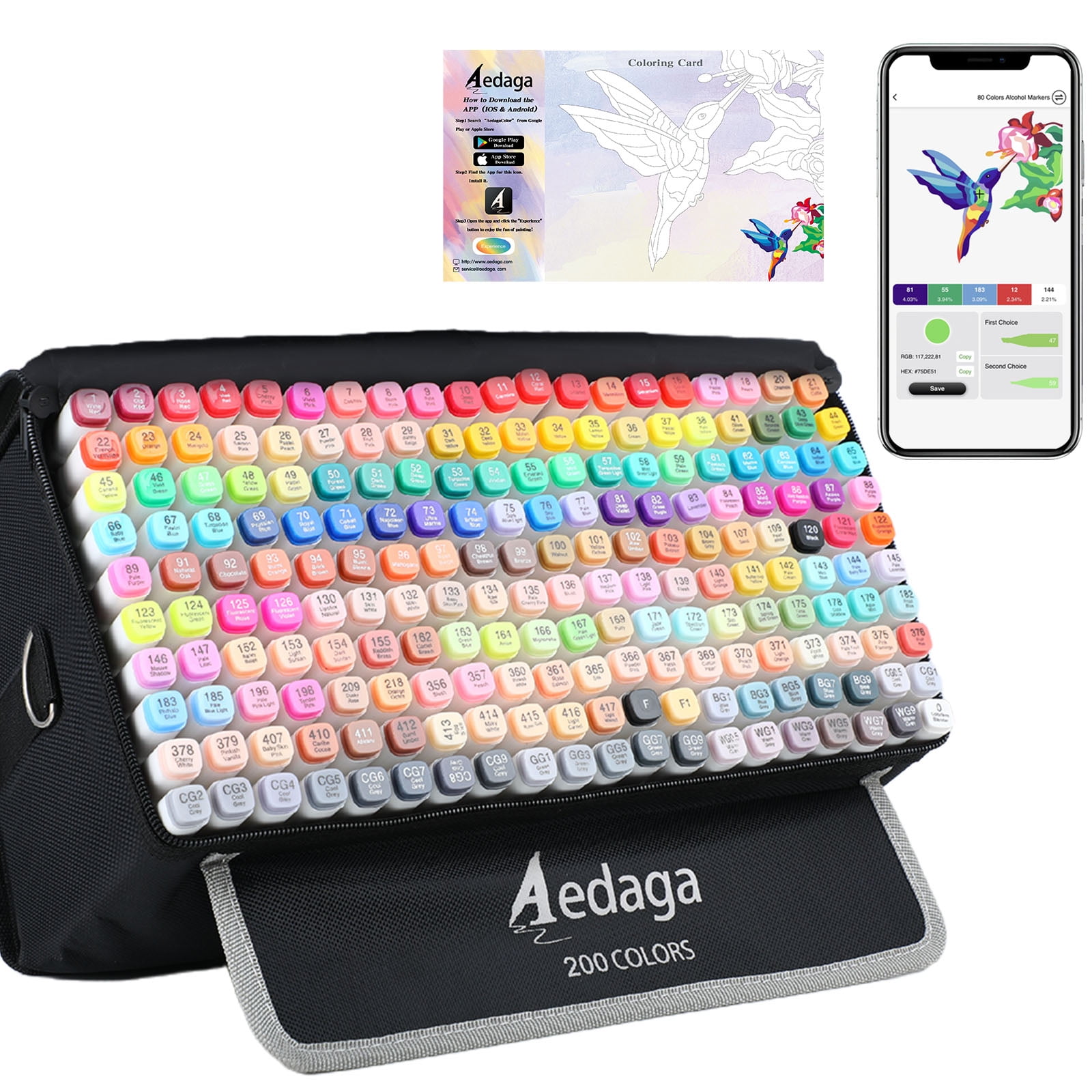 AEDAGA 200 Colors Art Markers, Dual Tip with Kickstand Case, Free Color ...