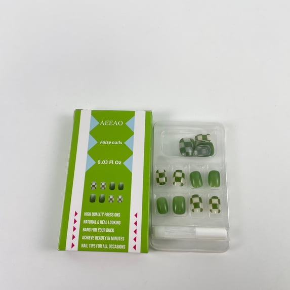 AEEAO False nails,Dark Green Press on Nails Short Medium Square Glue on ...