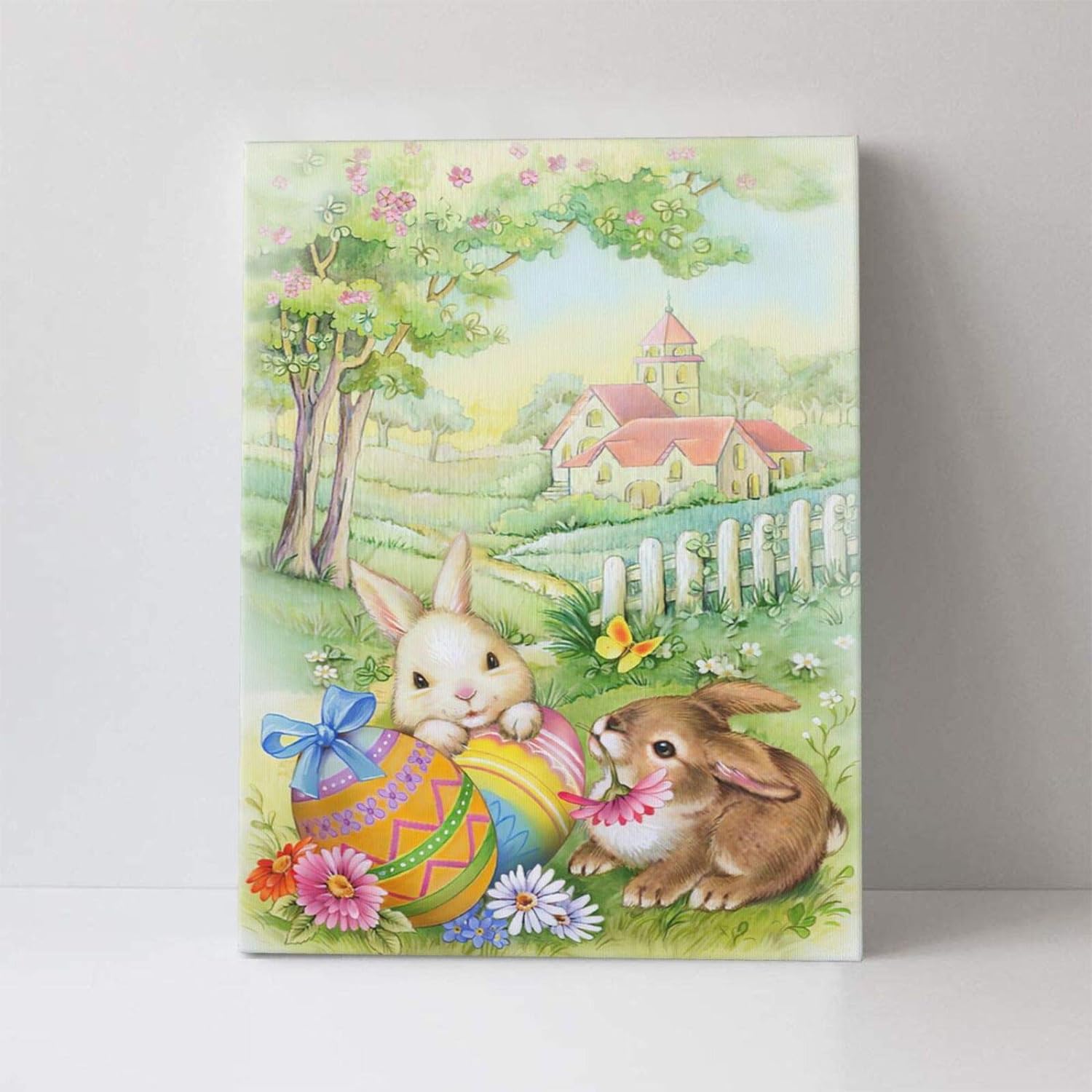 AEFER 16" X 12" Vintage Easter Bunnies Eggs Soft Canvas Wall Art Print ...