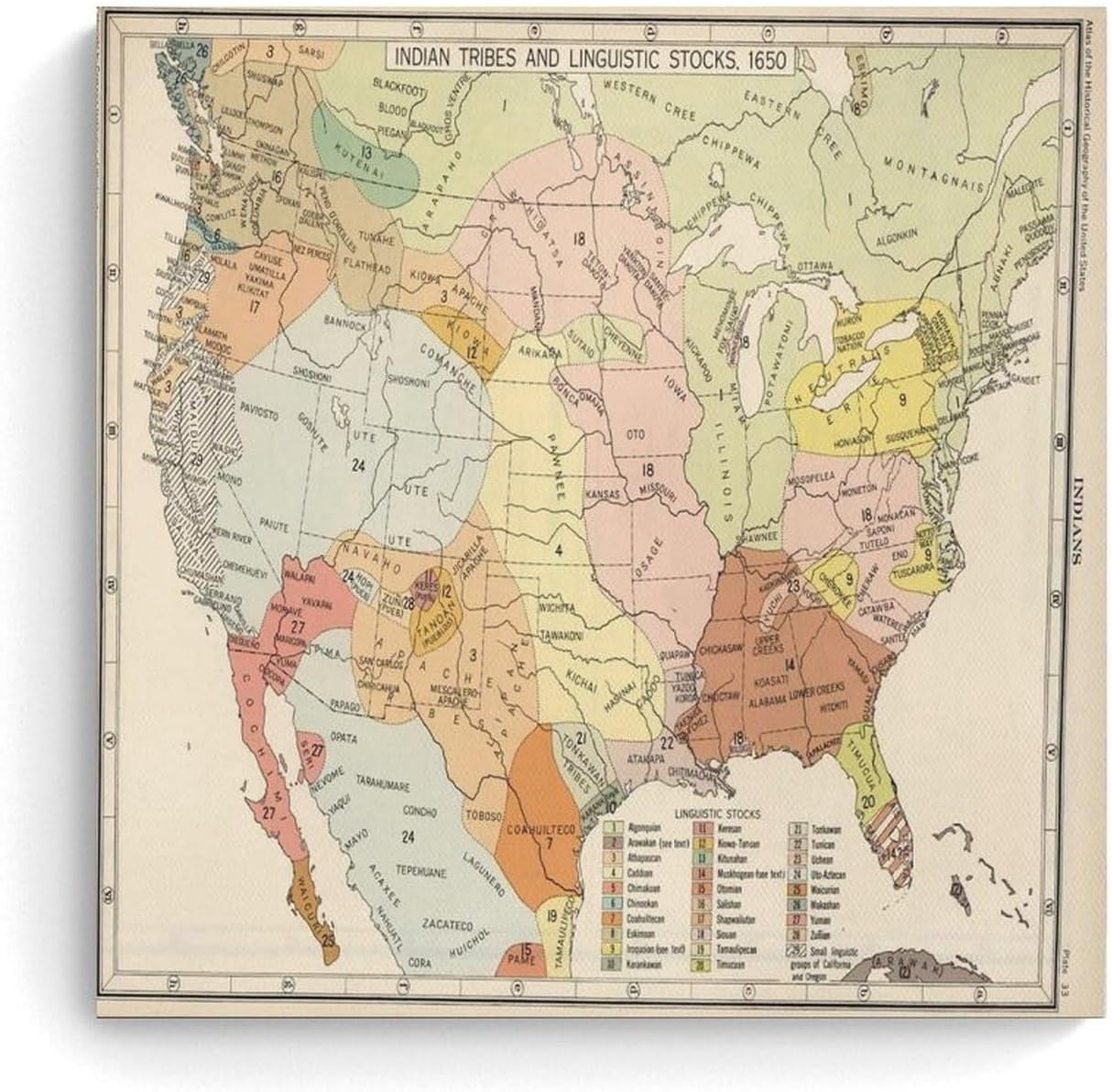 AEFER 1650 US Map of Native American Indian Tribes & Linguistic Stocks ...