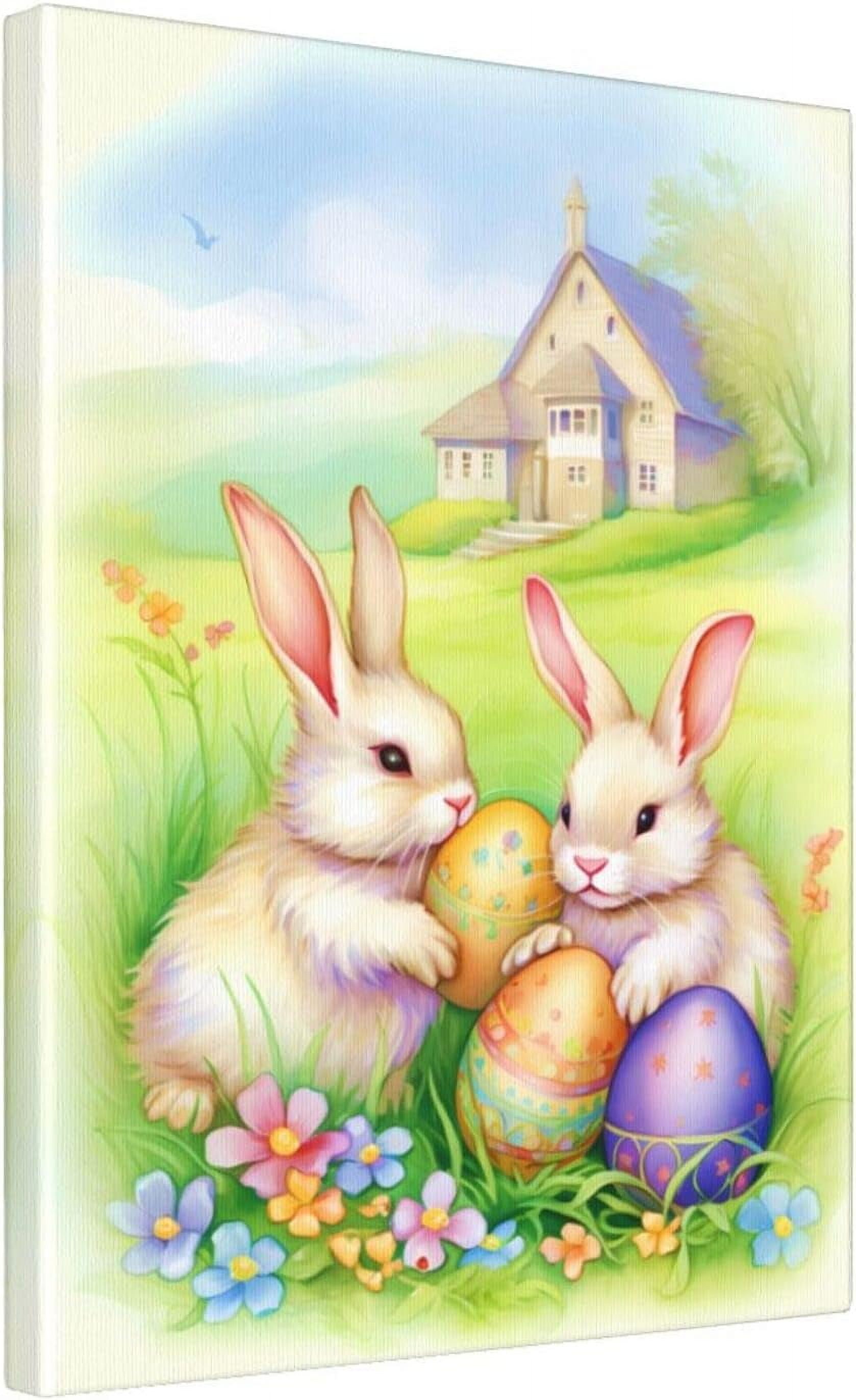 AEFER 20" X 16" Vintage Easter Bunnies Eggs Soft Canvas Wall Art Print ...