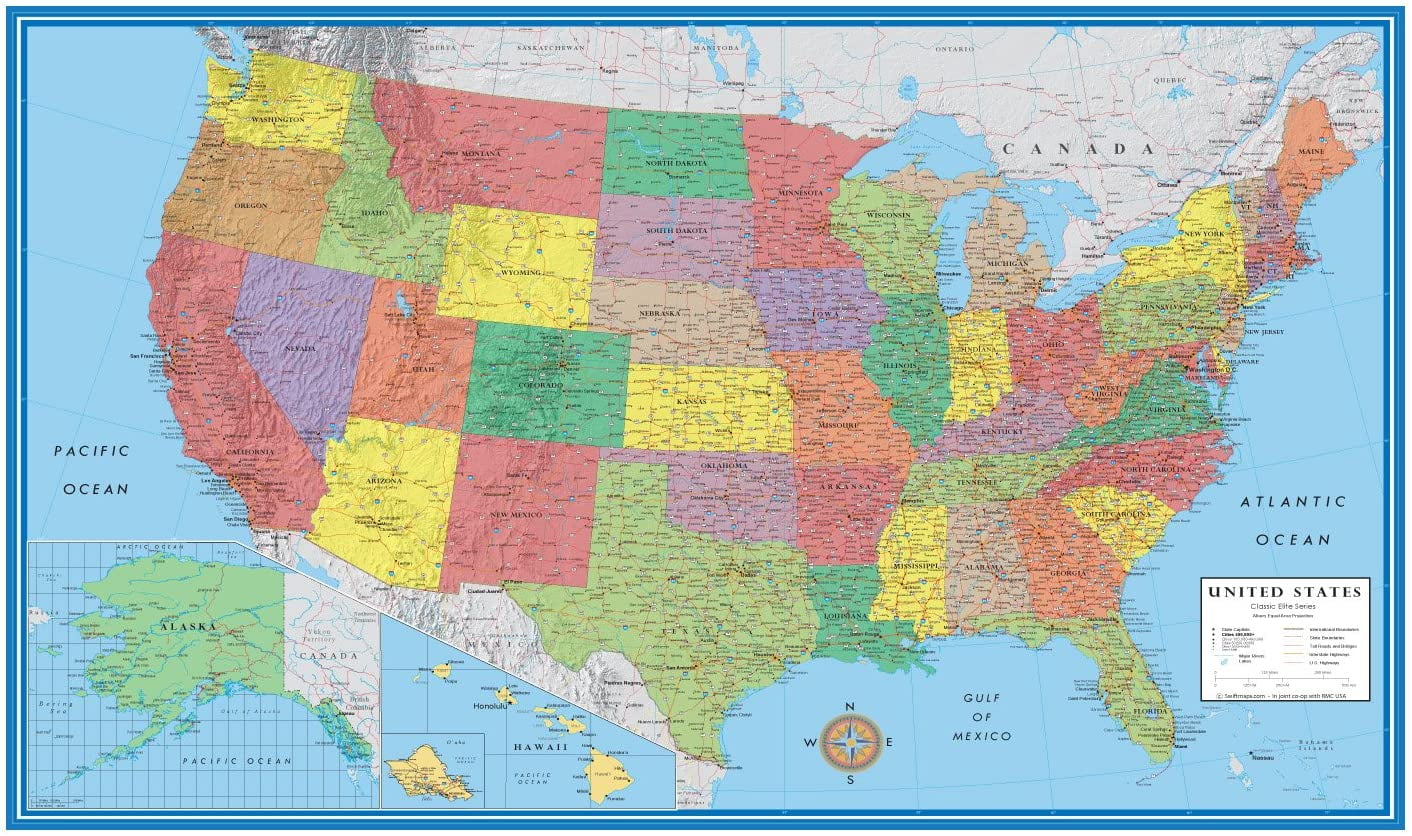 AEFER 24x36 United States, USA Classic Elite Wall Map Mural Poster ...