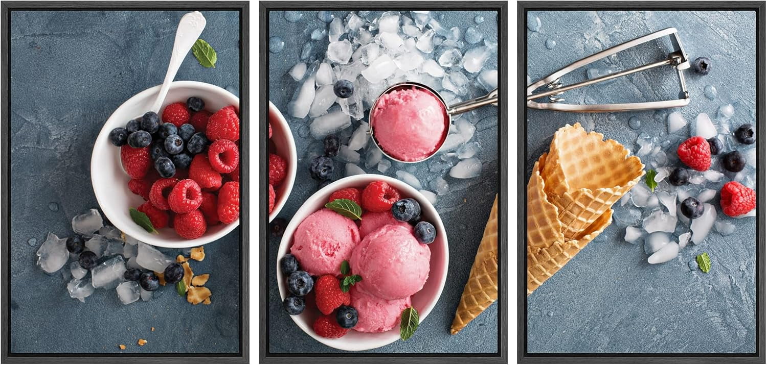 AEFER - 3 Piece Canvas Wall Art - Raspberry Ice Cream in Bowl Overhead ...