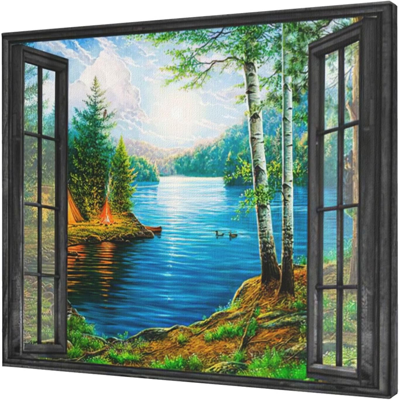 AEFER 3D Fake Windows Wall Art Peaceful Lake Sunshine Through the Woods ...