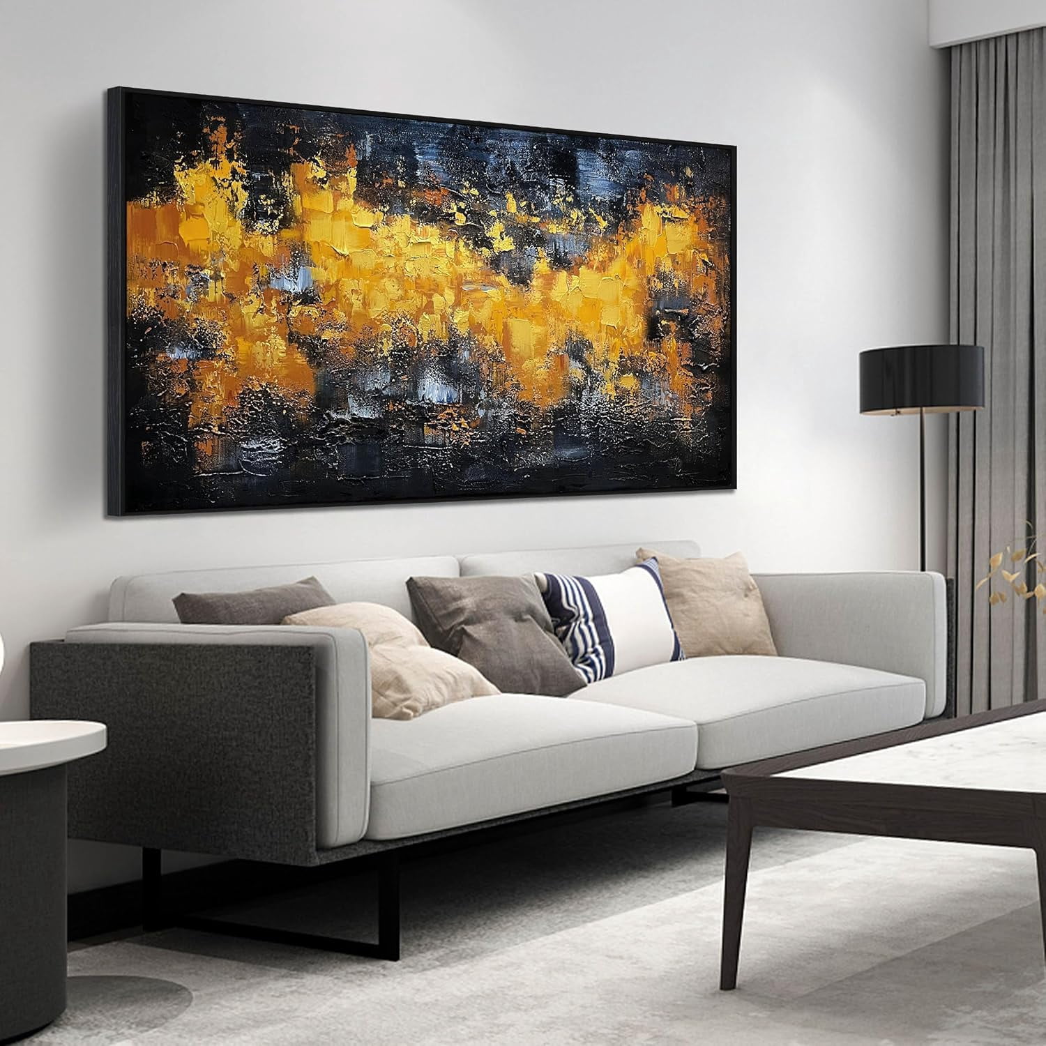 AEFER Abstract Hand Painted Wall Art for Office - Above Bed Black and ...