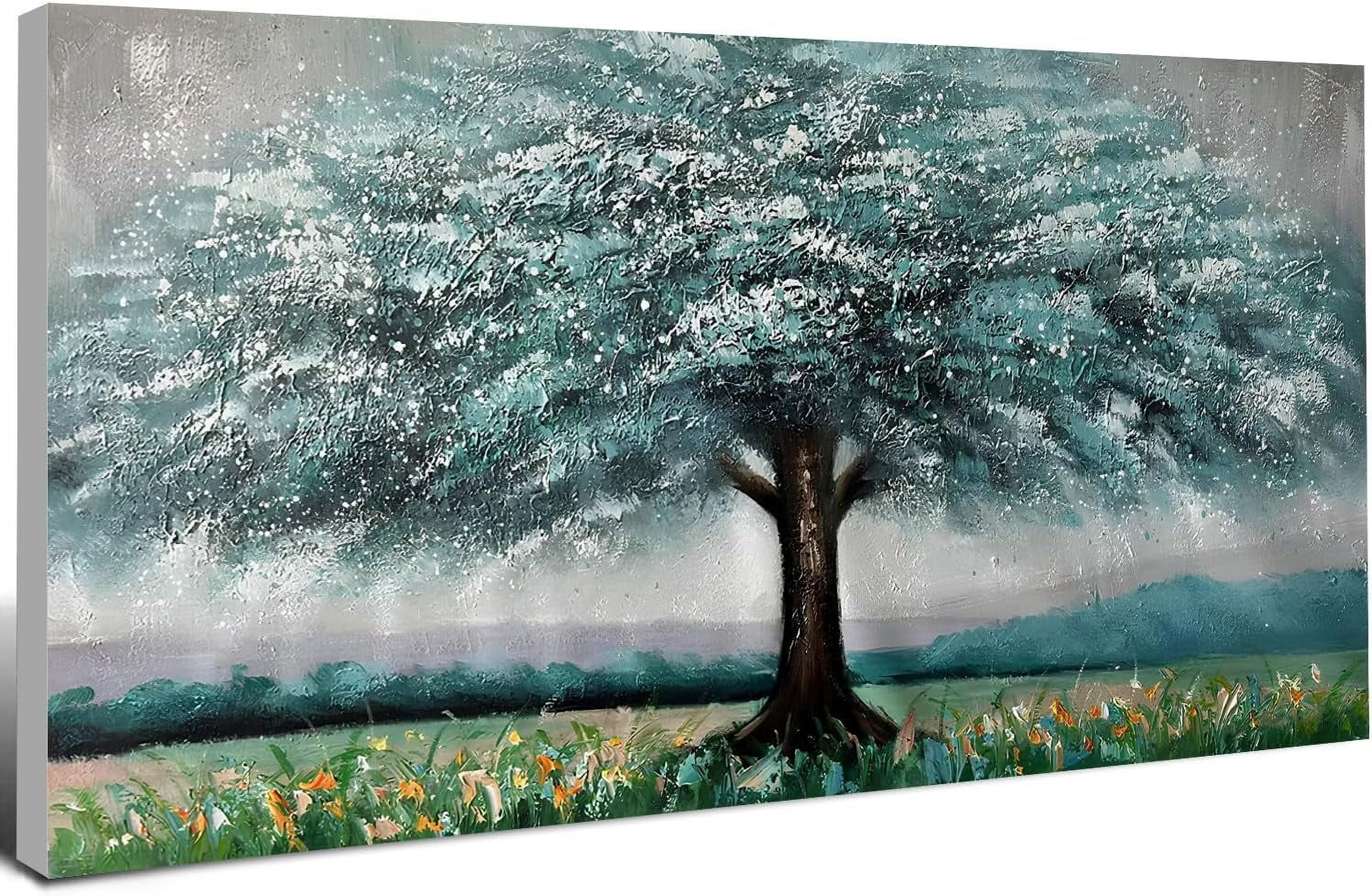 AEFER Abstract Tree of Life Wall Art Hand Painted Teal Tree Painting ...