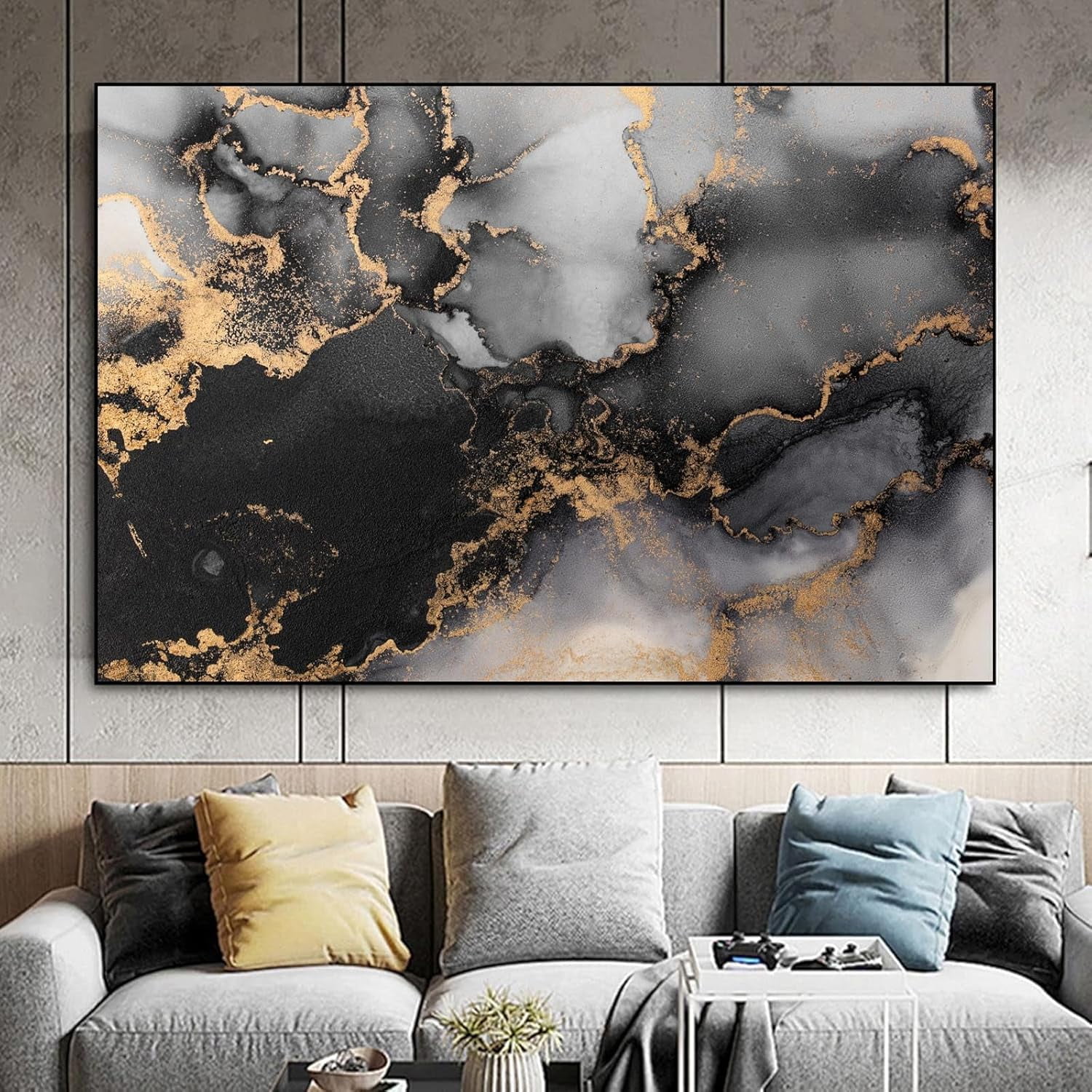 AEFER Abstract Wall Art Painting - Black, Gray, Gold Marble - 16x24inch ...