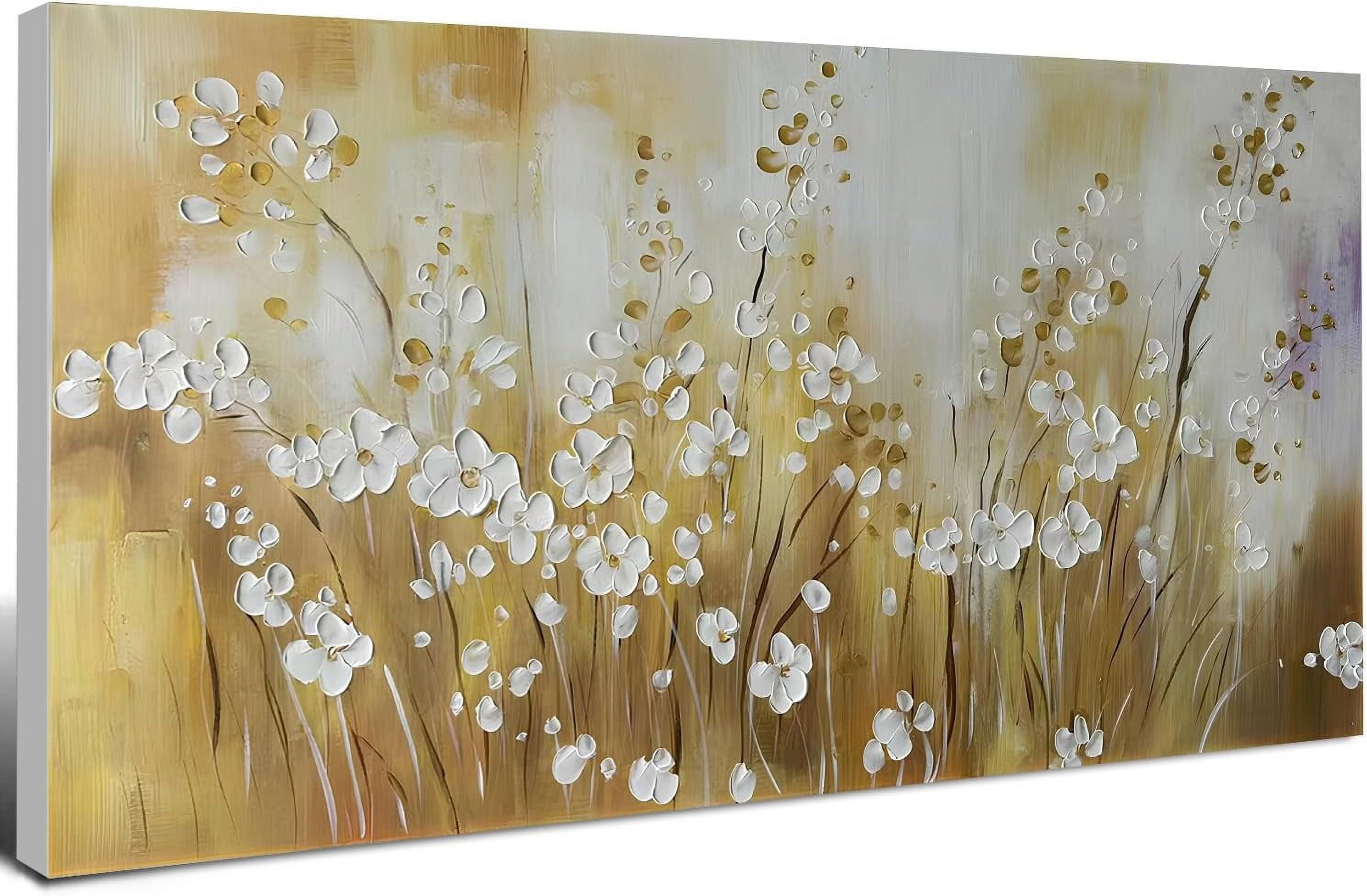 AEFER Abstract White Flowers Wall Art 100% Hand Painted Floral Canvas ...