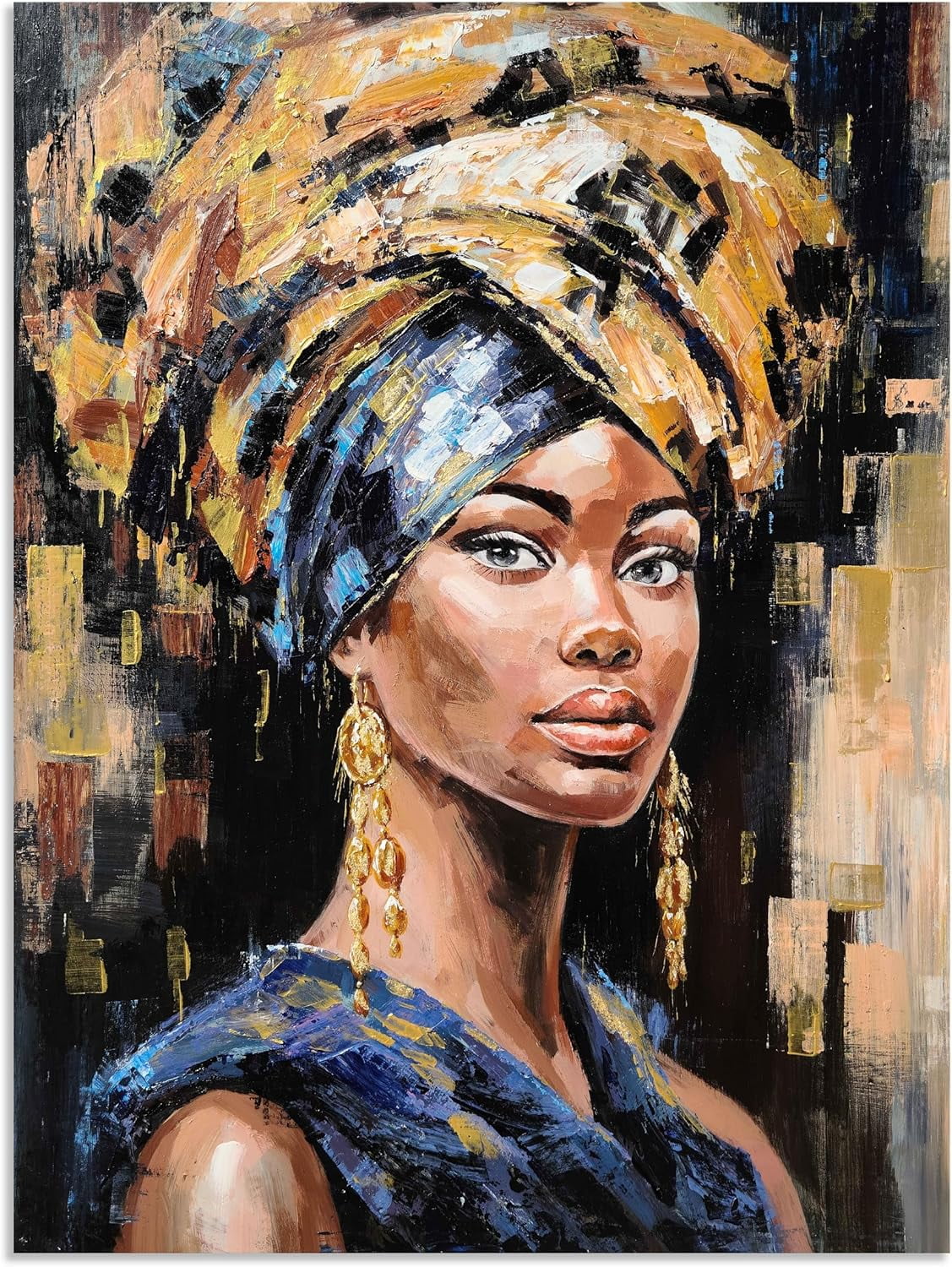 AEFER African American Painting - Blue Black Gold Woman Wall Art, Hand Painted, Vintage Pictures ...