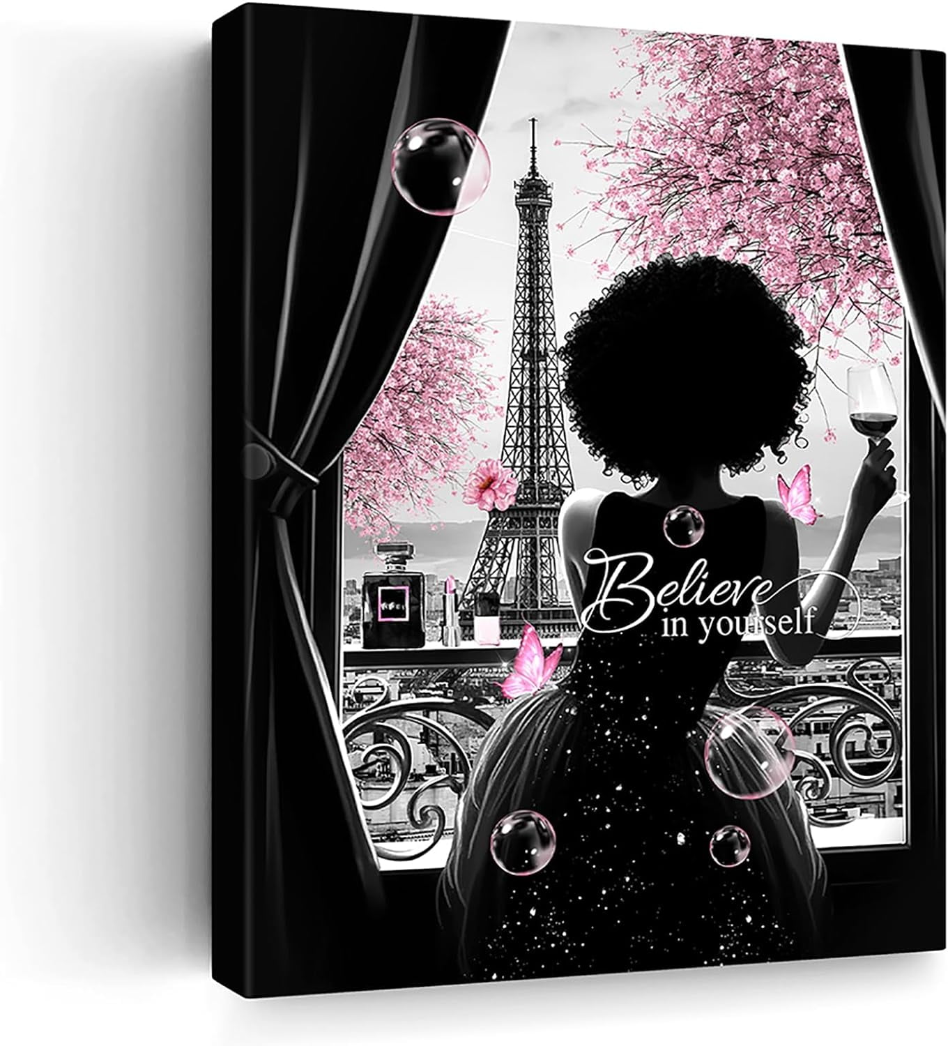 AEFER African American Wall Art Black Girl Pink Flowers Canvas Prints Black and White Wall Art ...