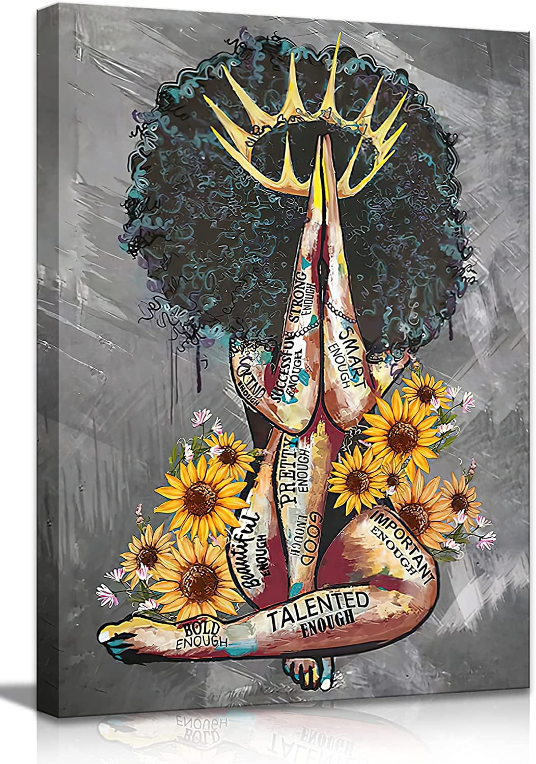 AEFER African American Wall Art Black Queen Girl Praying Sunflower Portrait Gray Art Modern ...