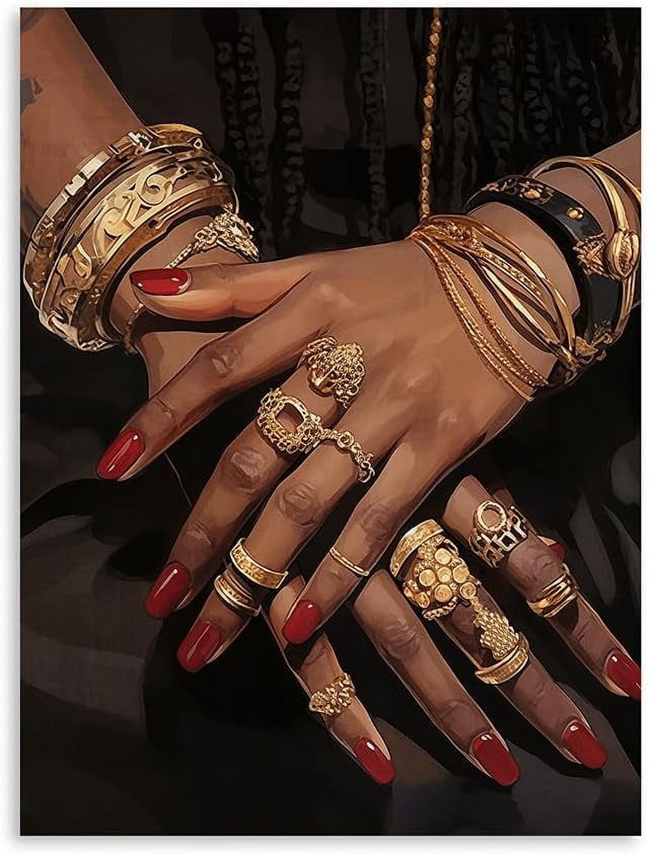 AEFER African American Woman Wall Art, Black Girl Hands with Gold Accessories Canvas Art Print ...
