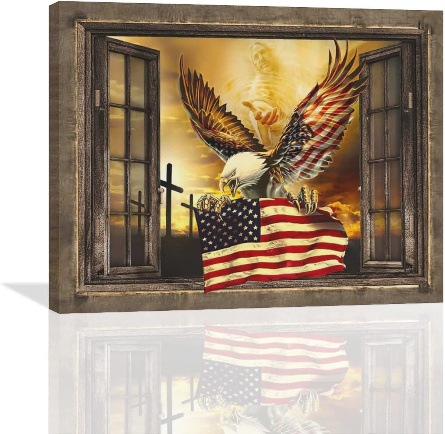AEFER American Flag with Bald Eagle Wall Art Retro View of Window Eagle ...