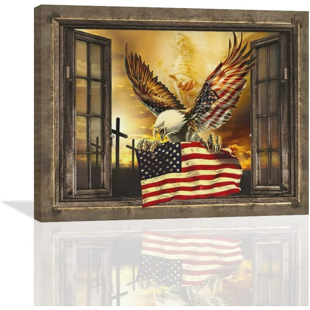 AEFER American Flag with Bald Eagle Wall Art Retro View of Window Eagle ...