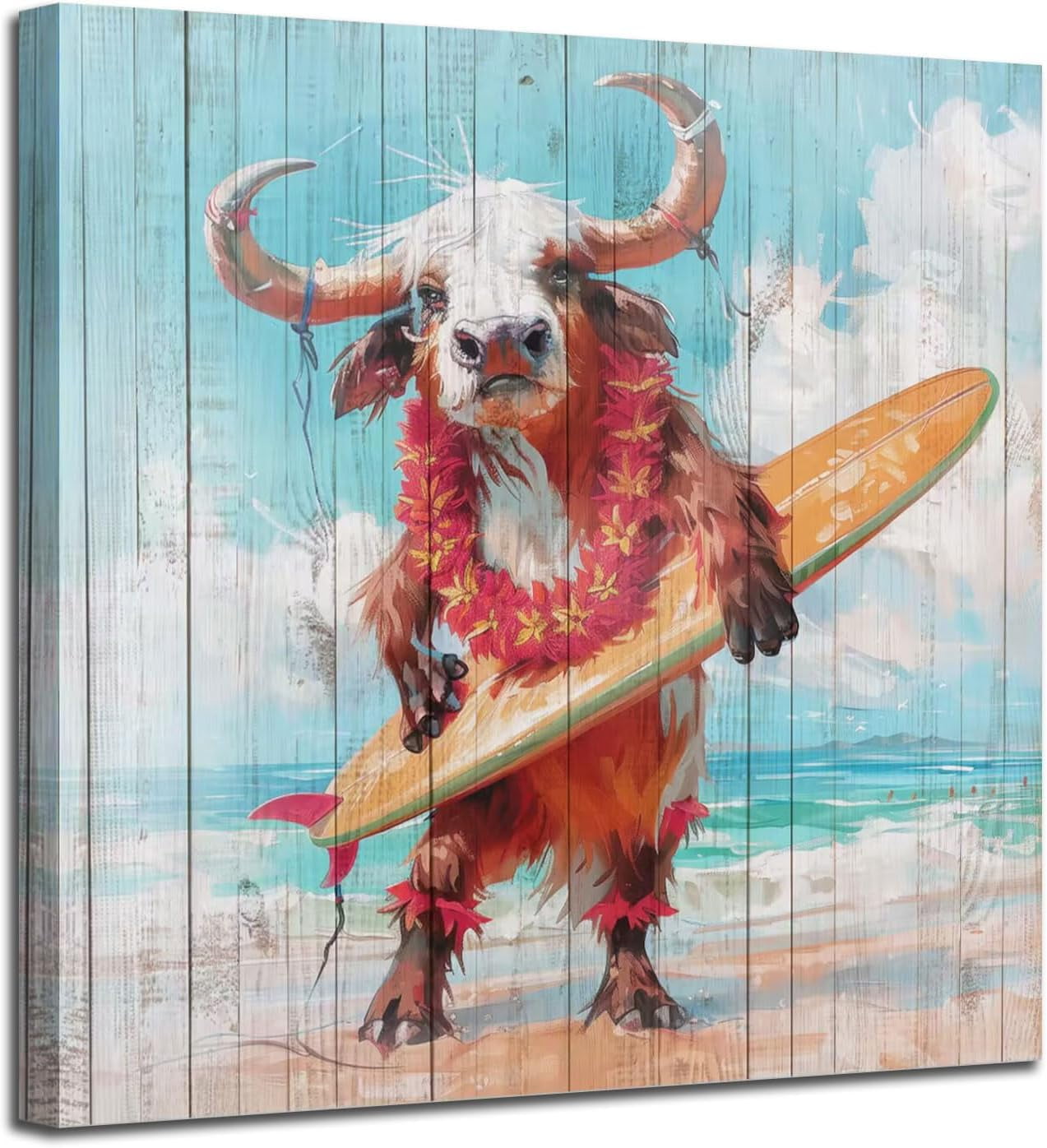AEFER Animal Cow Canvas Wall Art Blue Ocean Cute Painting Woodgrain ...