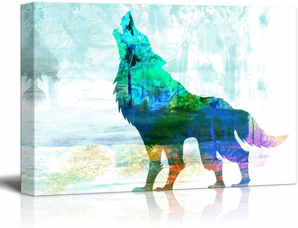 AEFER Animal Theme Canvas Wall Art - A Double Exposure Howling Wolf on ...
