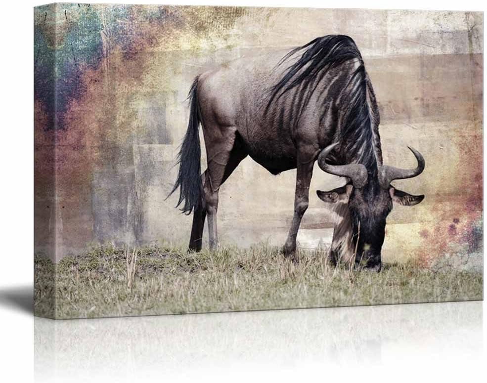 AEFER Animal Theme Canvas Wall Art - A Wildebeest Grazing on The ...