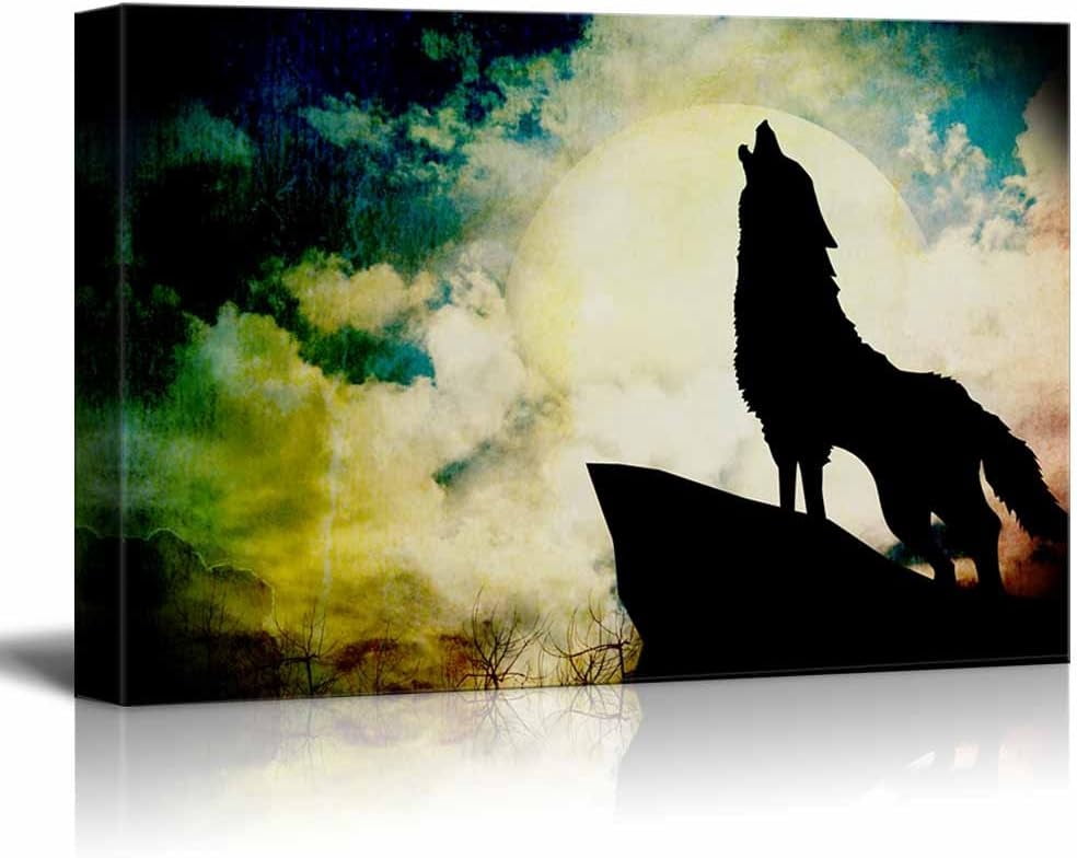 AEFER Animal Theme Canvas Wall Art - A Wolf Howling on a Full Moon ...