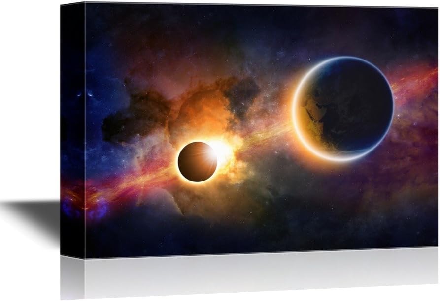 AEFER Astronomy Canvas Wall Art - Glowing Planet Earth in Space, Solar Eclipse, Nebula and Stars ...