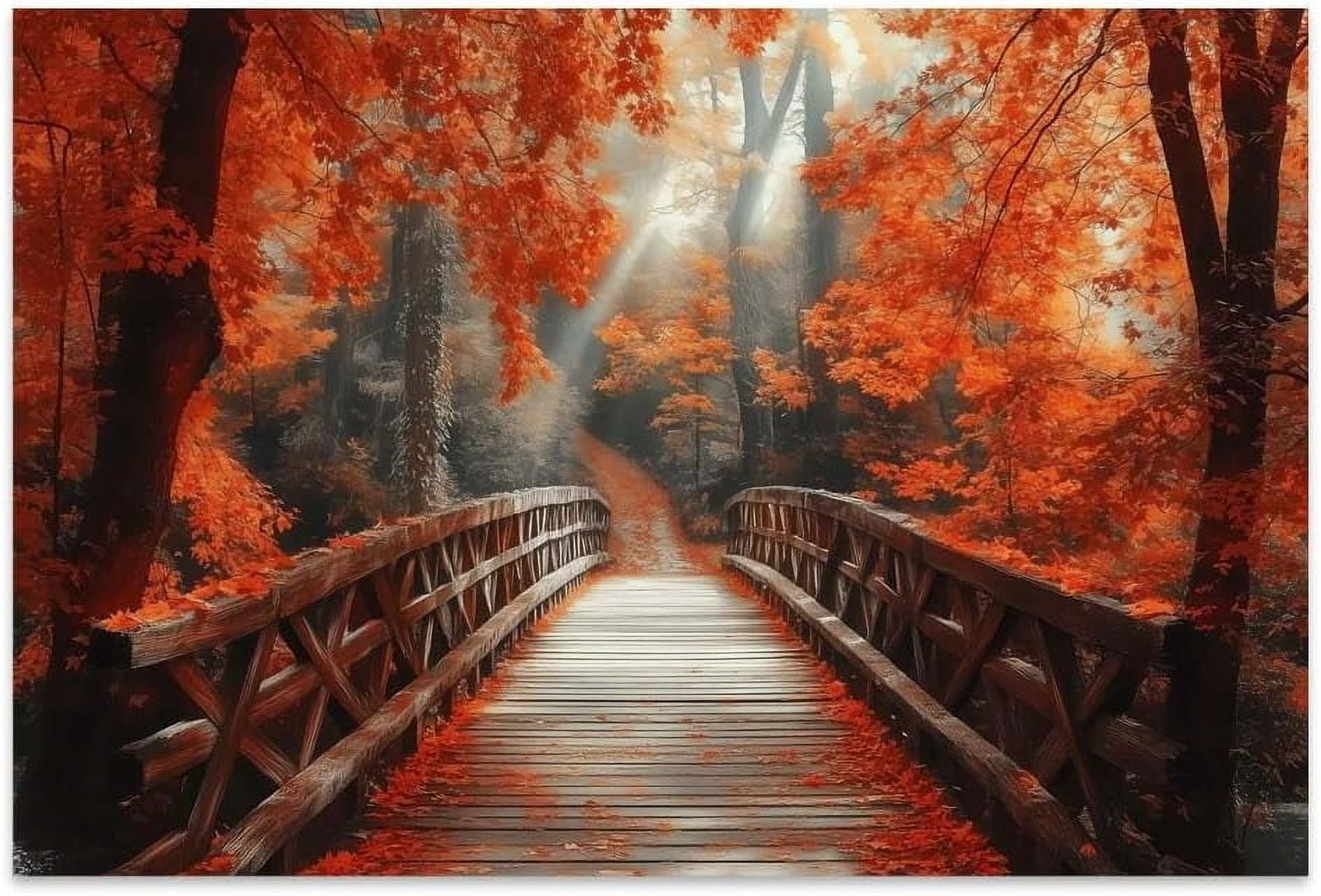 AEFER Autumn Bridge Canvas Wall Art, Fall Wall Art Room Decor Natural ...